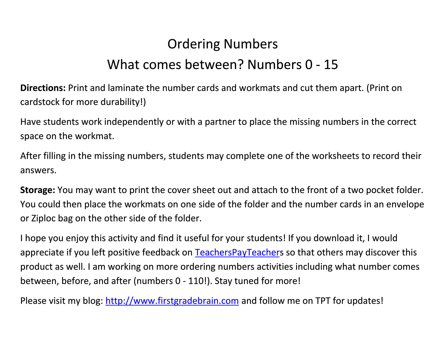 Ordering Numbers What Comes Between 0-15