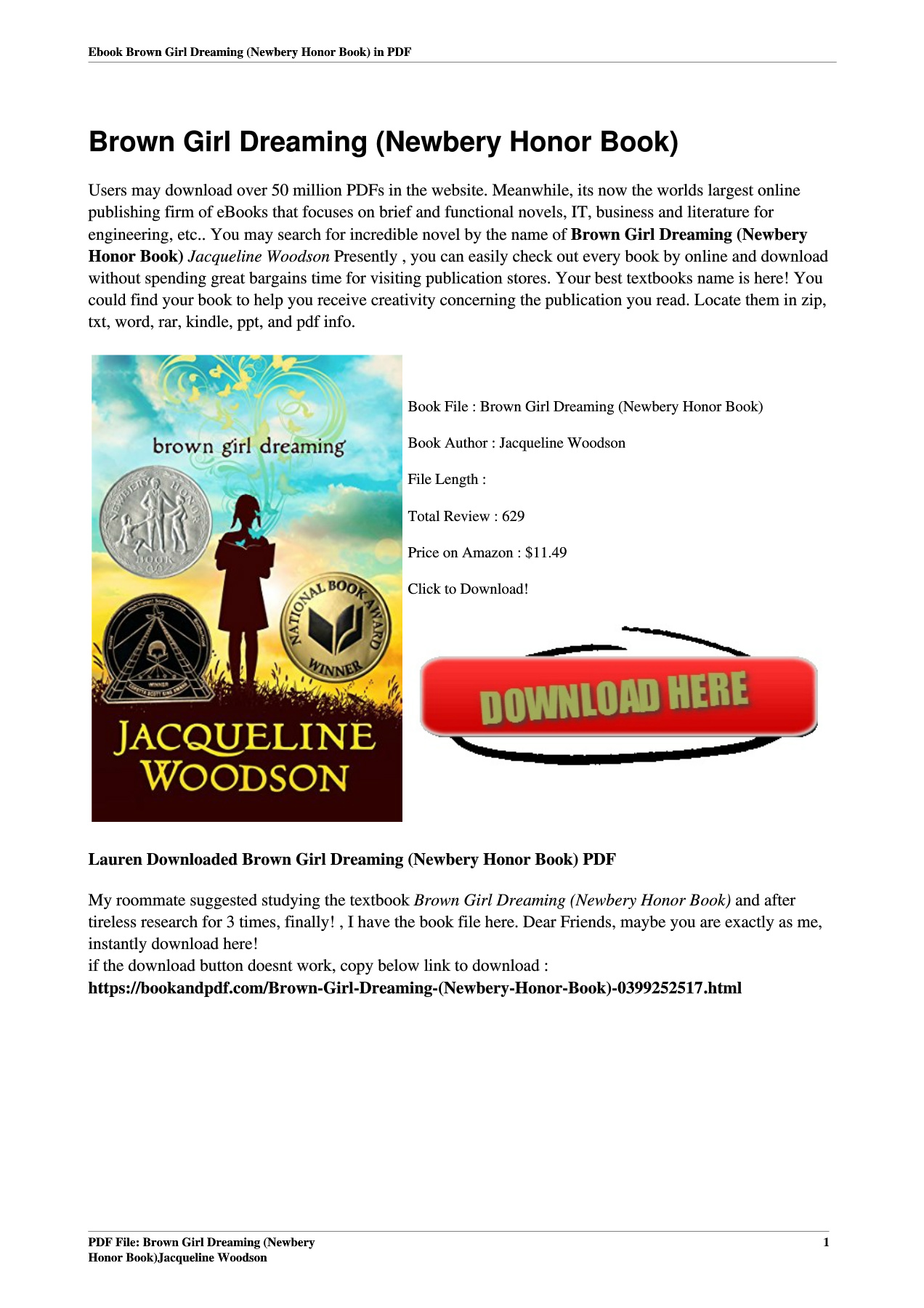 Brown Girl Dreaming (Newbery Honor Book)Jacqueline Woodson